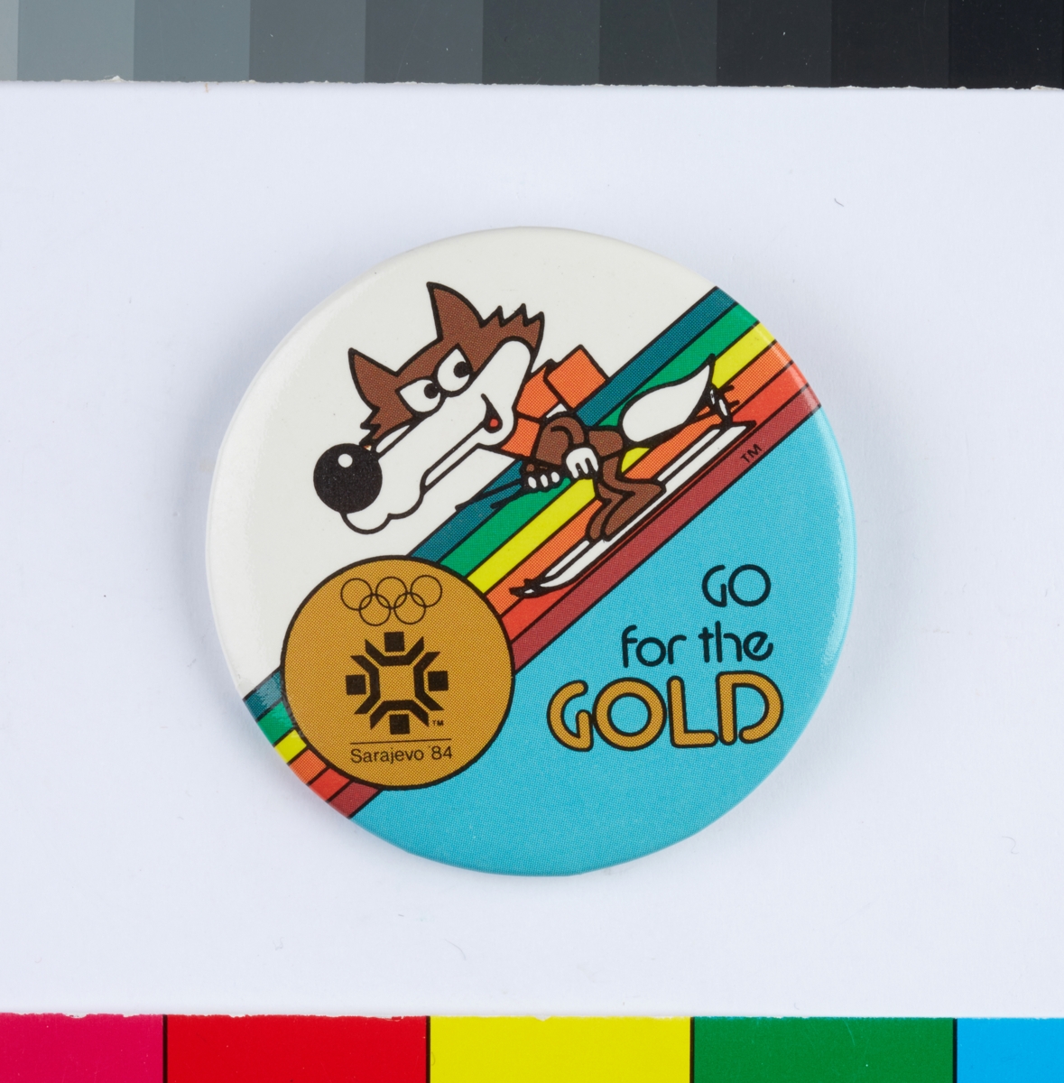 Olympic Museum-Sarajevo 1984, commemorative badge with Vucko skiing.